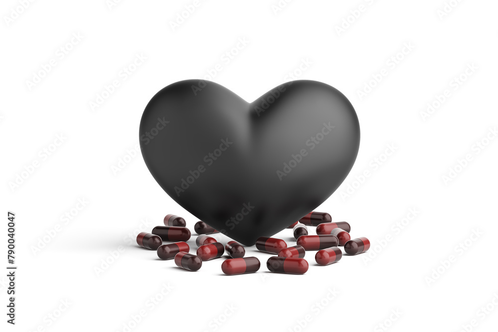 3D black heart and pill capsules on white background. Dangerous drugs ...