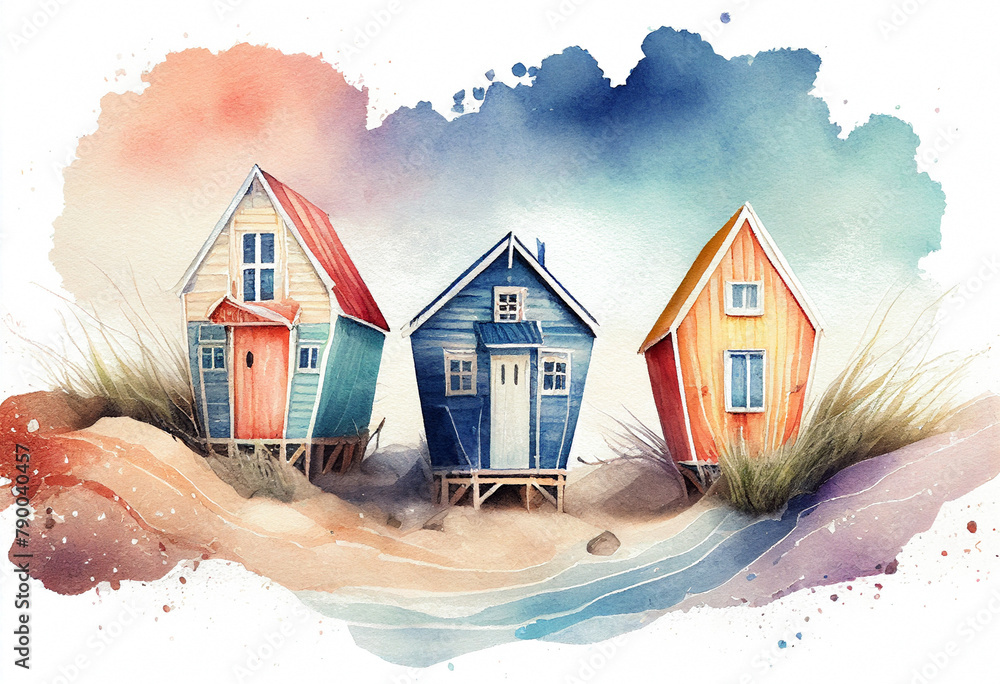 Summer houses at the ocean beach watercolor illustration, cartoon ...