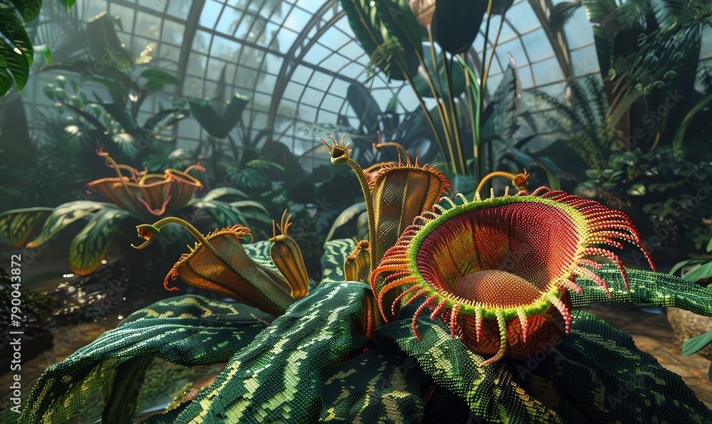 Digital pixel art, depict a rare carnivorous plant in a digitally ...