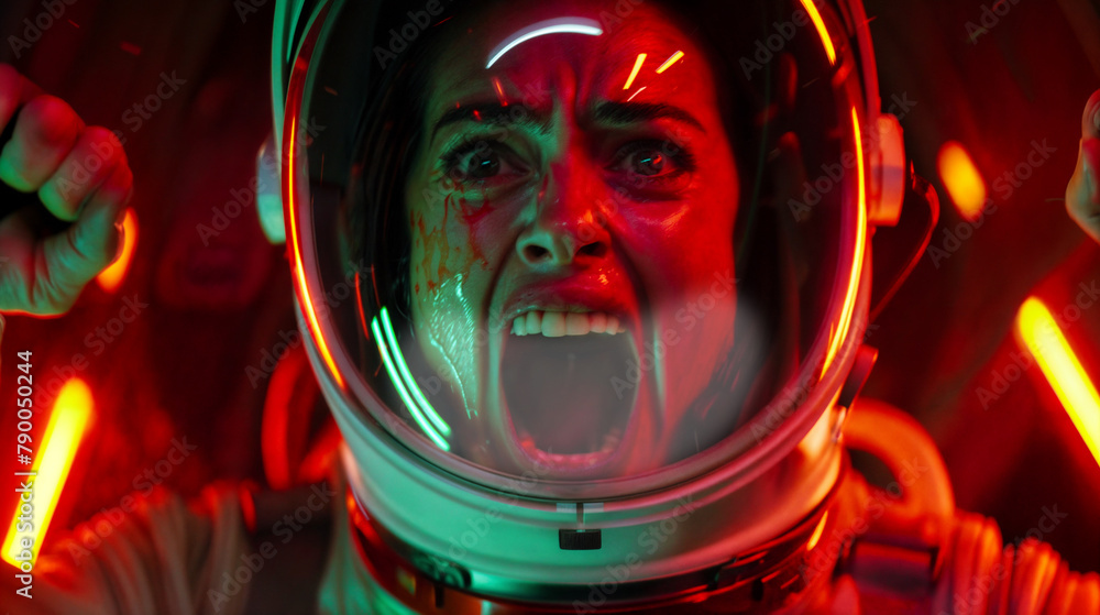 Cinematic scene of woman in spacesuit screaming in horror Stock Photo ...