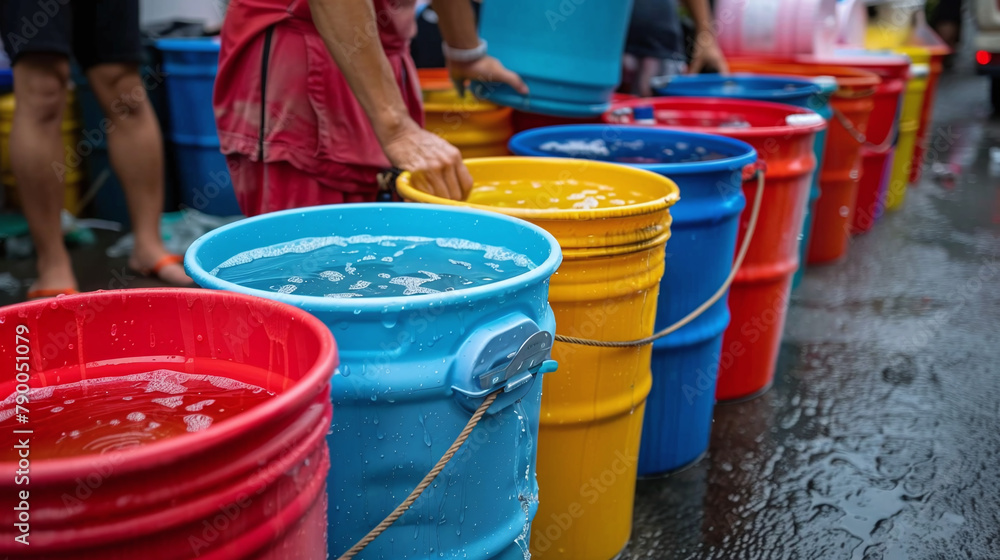 people waiting for water containers to be filled, water shortage ...