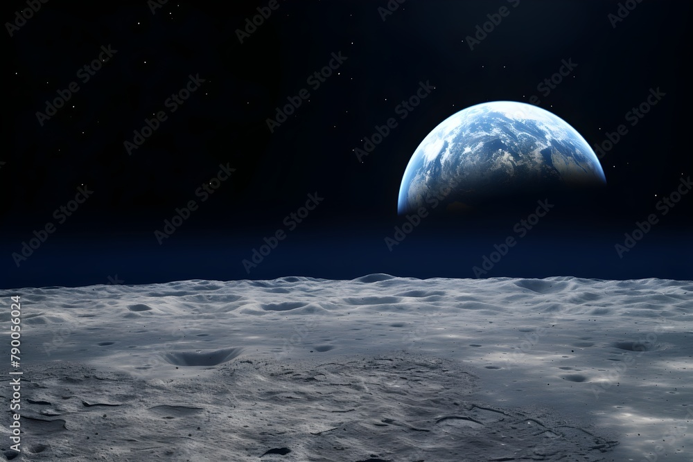 Earth appearing on the moon, cinematic gravity-free scenes, dark blue ...