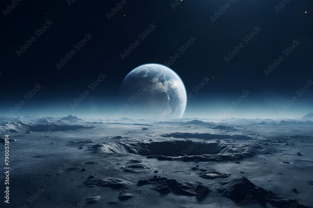 Earth appearing on the moon, cinematic gravity-free scenes, dark blue ...