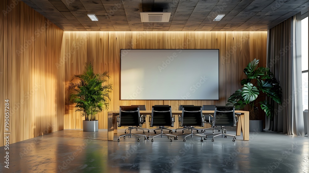 Conference room office cubicle wooden wall table chairs projection ...