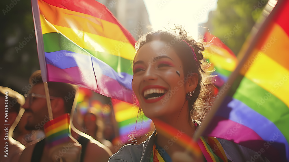Woman with face paint smiling and holding rainbow flags at pride parade ...