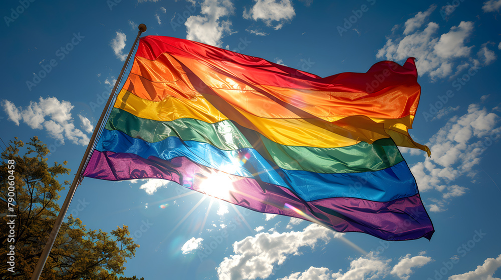 Rainbow flag waving against blue sky with sun flare. Symbol of LGBTQ+ ...