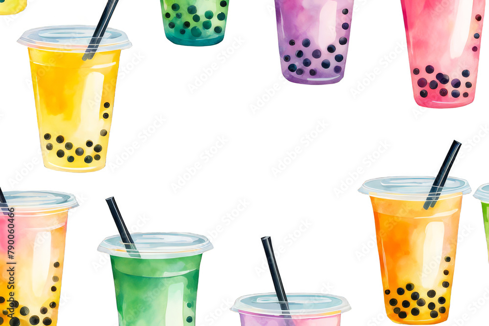 Different flavored bubble teas frame banner overlay watercolor ...