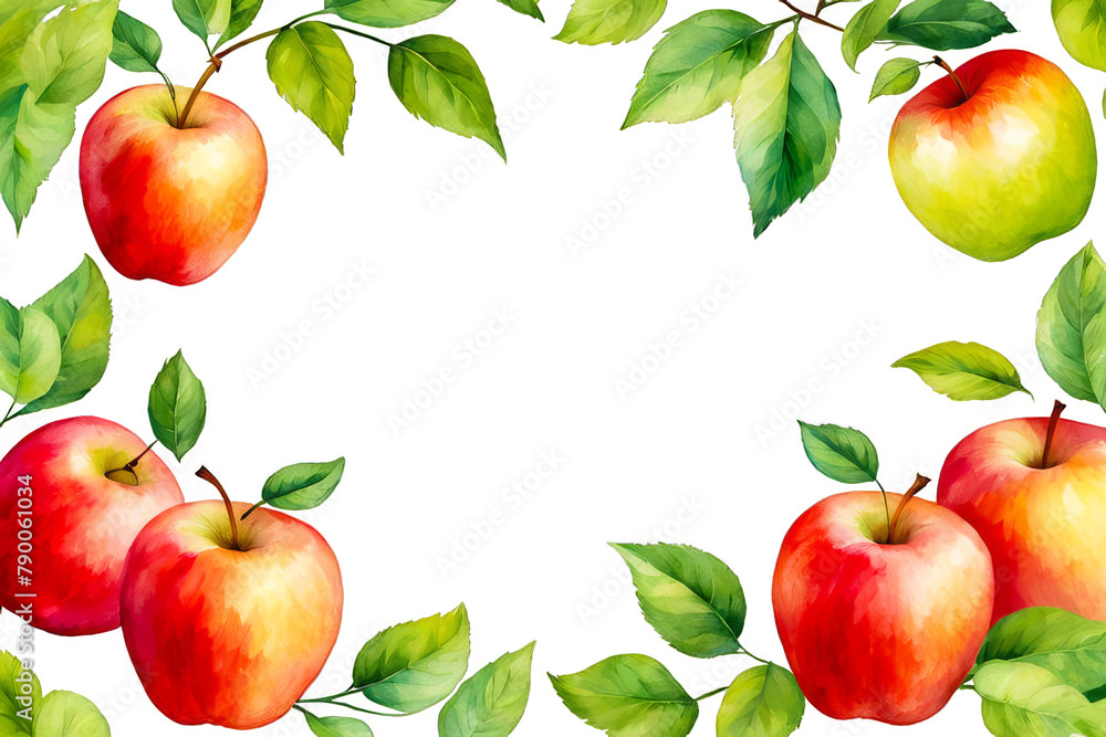 Red ripe apples with leaves frame banner overlay watercolor ...