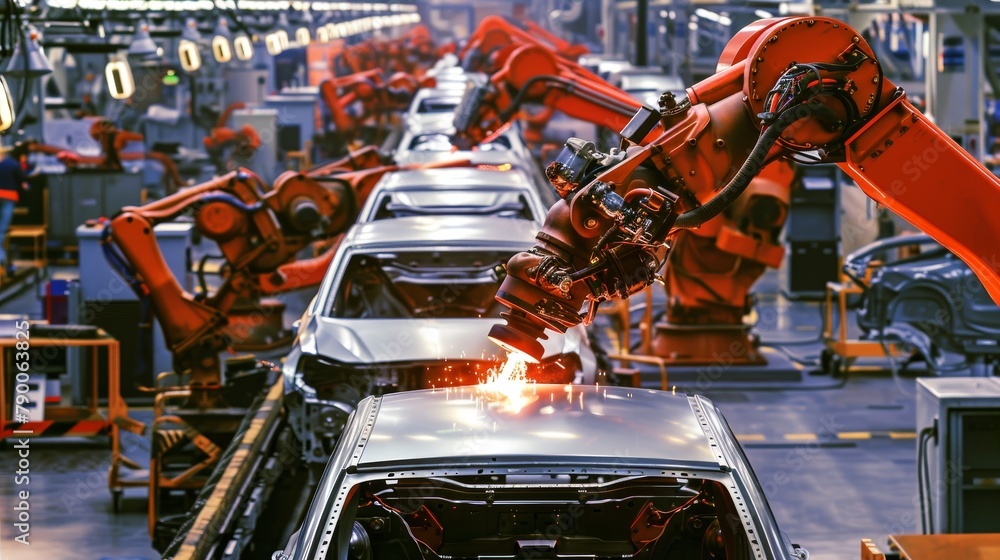 A sweeping view of a bustling automobile assembly line, capturing the ...