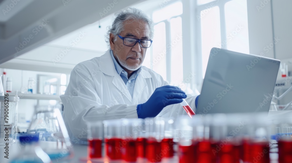 Science, laptop, and senior man concentrated on online reading and lab ...