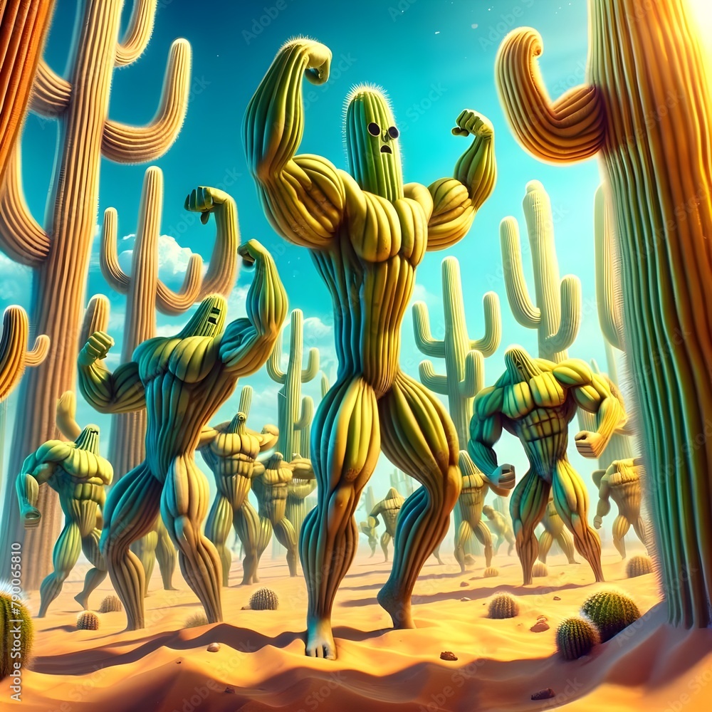 Imagine a whimsical scene in a desert where cacti have come to life and are dancing. Each cactus ...