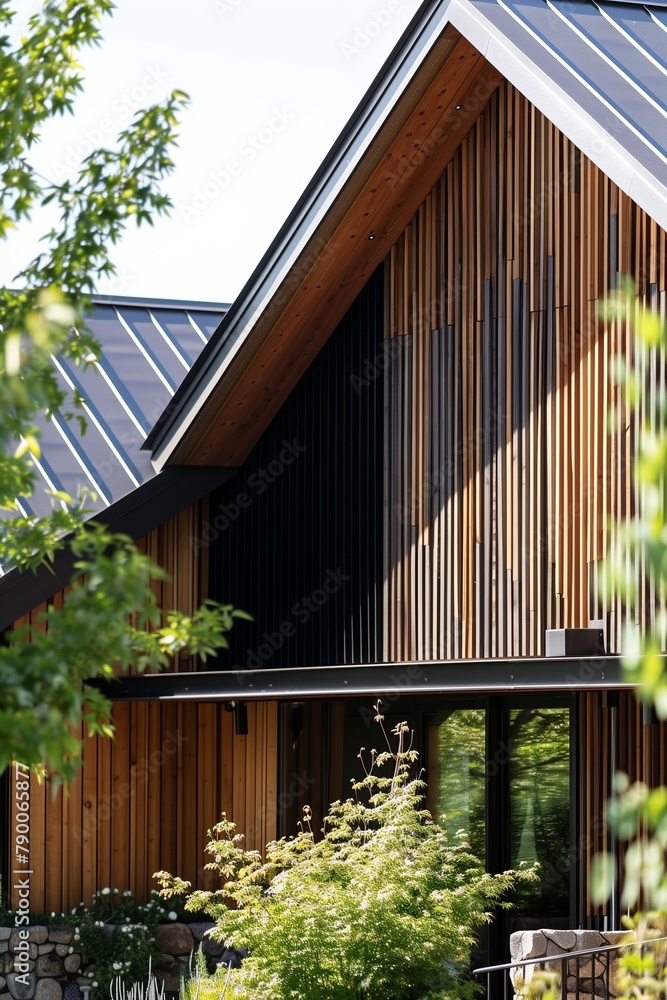 close up detail of dark grey alucobond cladding on the roof, wood slats ...
