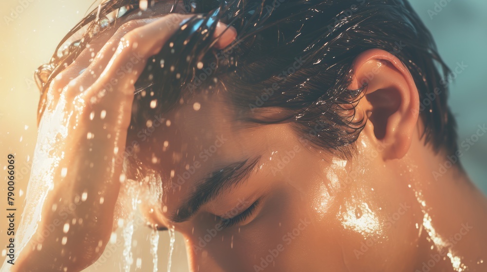 Strong Asian man showering and shampooing his hair alone on a blue ...