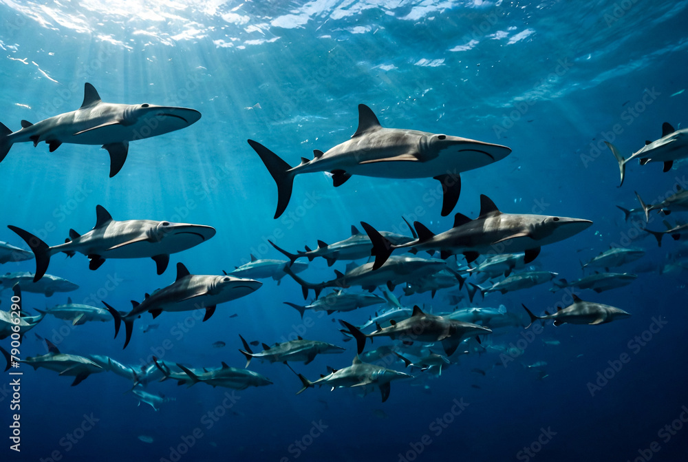 Great Hammerhead Shark. School of Hammerheads swimming in Red sea ...