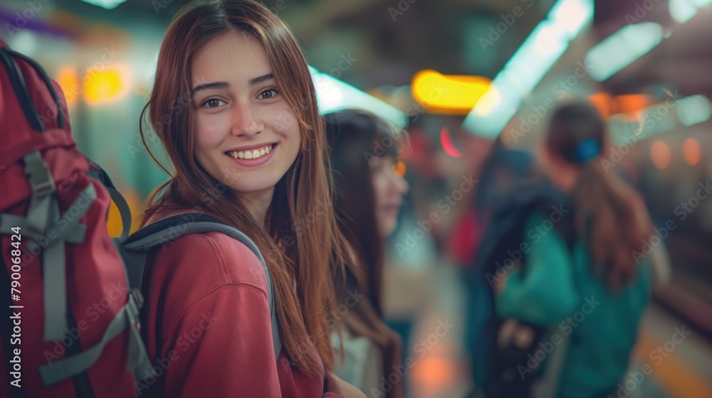 Two young beautiful female students girls with backpacks at train ...