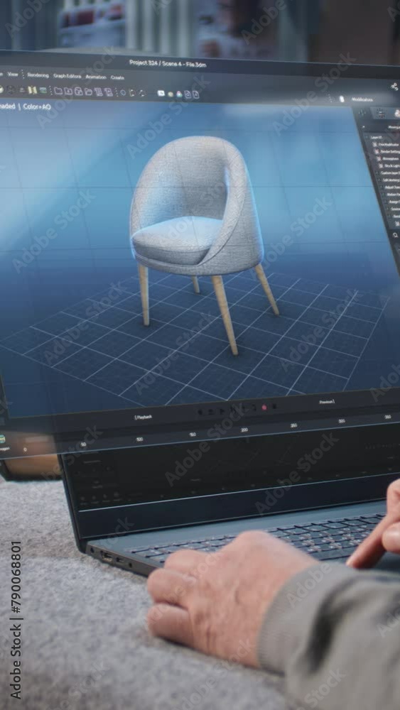 Vertical shot designer creates digital 3D model of stylish wooden chair ...