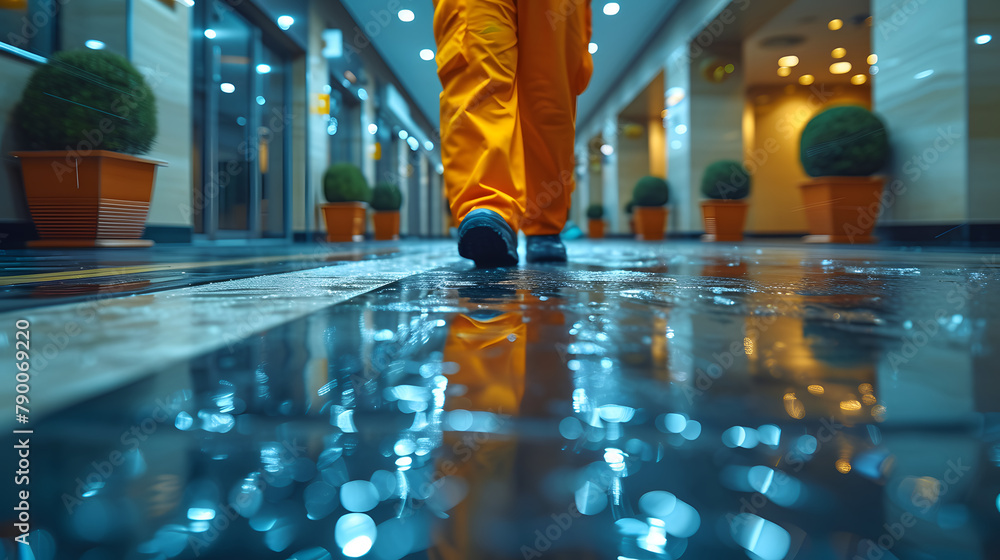 Low angle view of a janitor's legs with a mop cleaning a glossy office ...