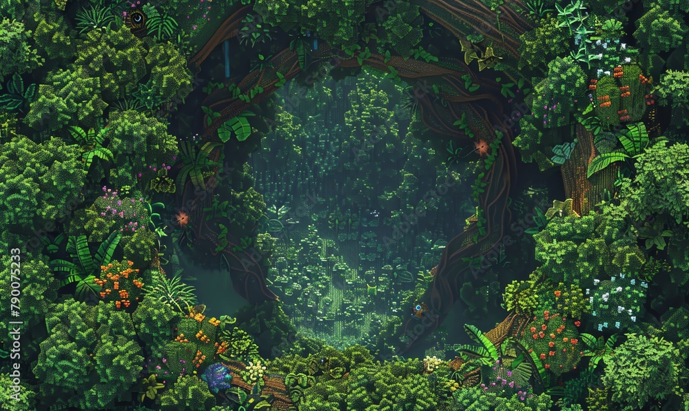 Illustrate a pixel art scene of a whimsical forest canopy as seen from ...