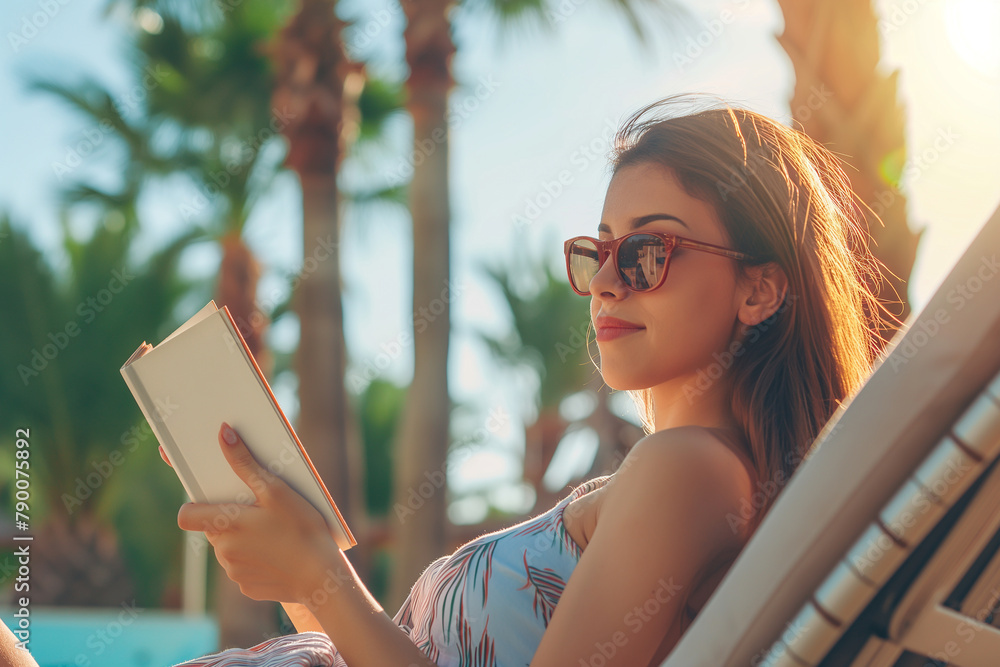 Young woman lying on a sun lounger by the pool and reading a book ...