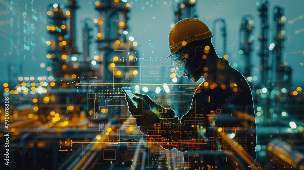 Industry 4.0 of refinery oil and gas refining process, double exposure ...