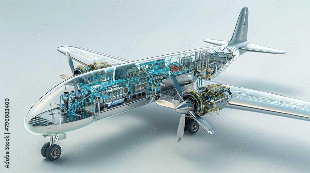 A cutaway view of a hydrogen-powered airplane, showcasing the ...