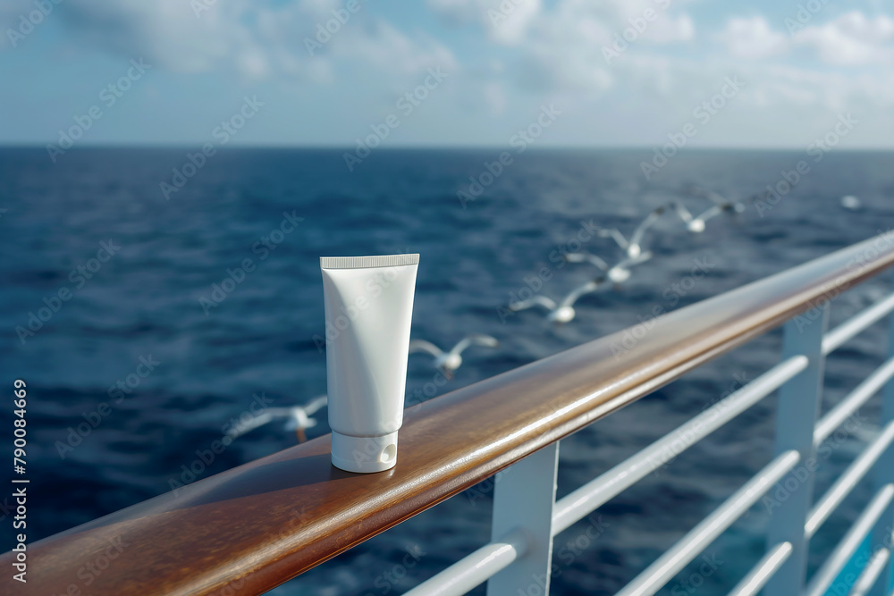 Mockup of a sunscreen container and sunglasses on a railing on the deck ...