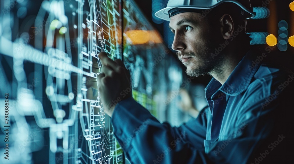 electrical engineer working on a complex power grid diagram, their ...