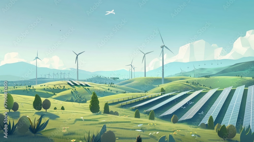 Renewable energy landscape with wind turbines and solar panels set in a ...