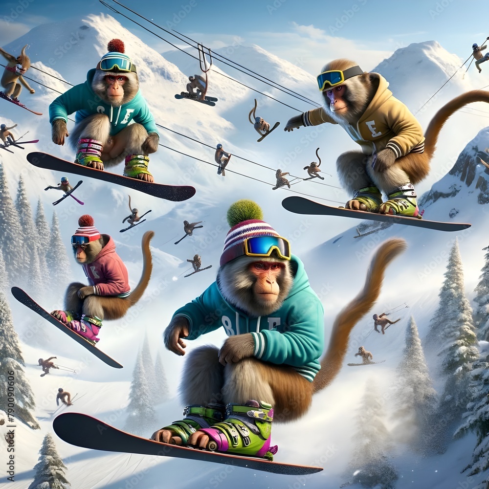 Visualize a realistic scene depicting monkeys performing freestyle ...