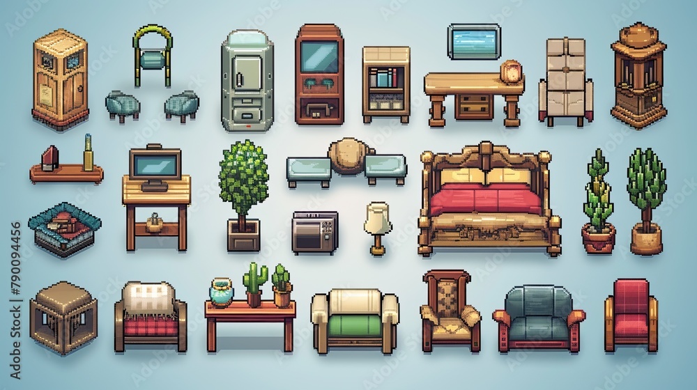 pixel art set isolated home living room, furniture items, including ...
