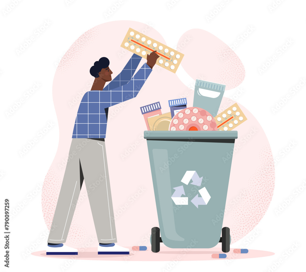 Man discarding medications in a recycling bin, vector illustration on a ...