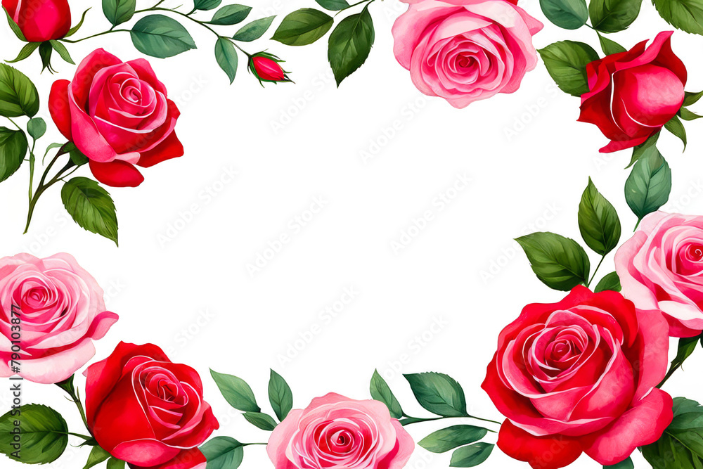 Red roses with leaves banner border overlay, watercolor illustration ...