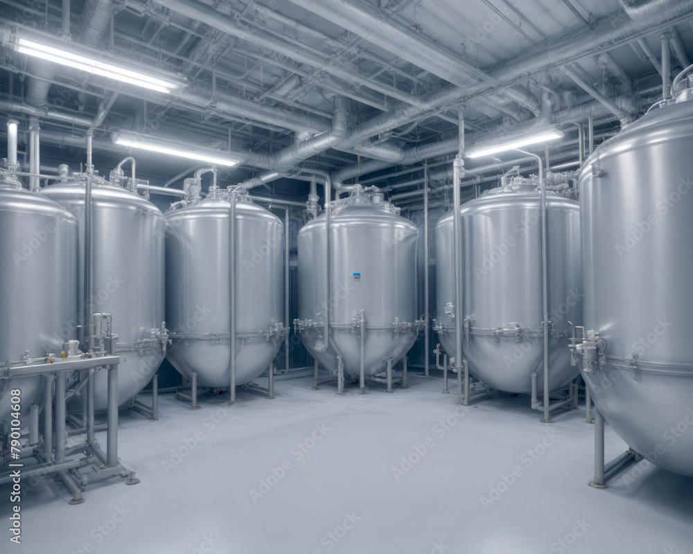 Modern industrial clean room with rows of large stainless steel tanks ...