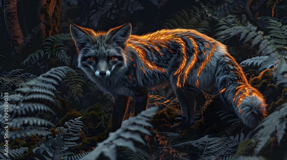 A silver fox with glowing orange and black stripes prowling in the ...