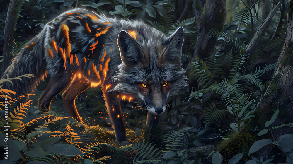 A silver fox with glowing orange and black stripes prowling in the ...