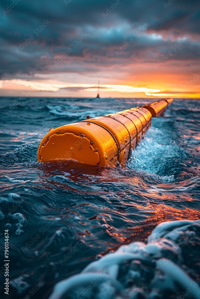 Ocean wave energy converter at sunrise, innovative marine technology ...