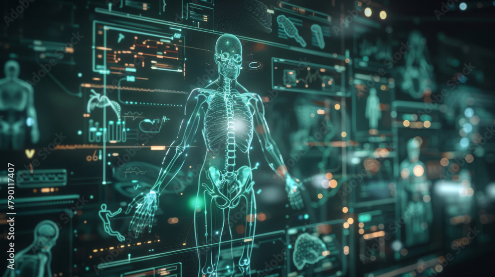 Advanced, glowing digital interface displaying a detailed human ...