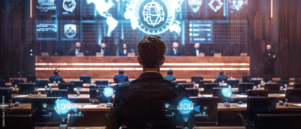 Futuristic courtroom with AI algorithms presenting evidence in ...