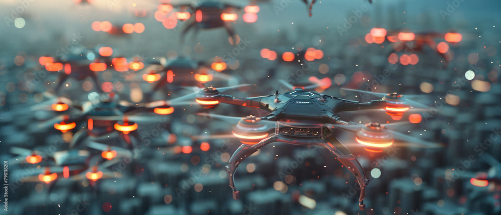 Futuristic drone swarm in formation, performing synchronized maneuvers ...