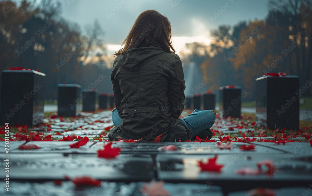 Sad grief alone crying woman sitting at cemetery grave gravestone ...