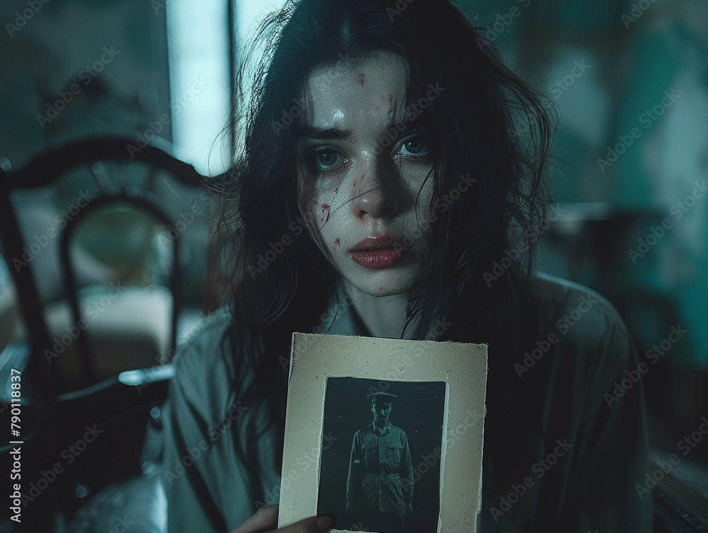 Sad emotion despair child woman wife holding picture of death husband ...