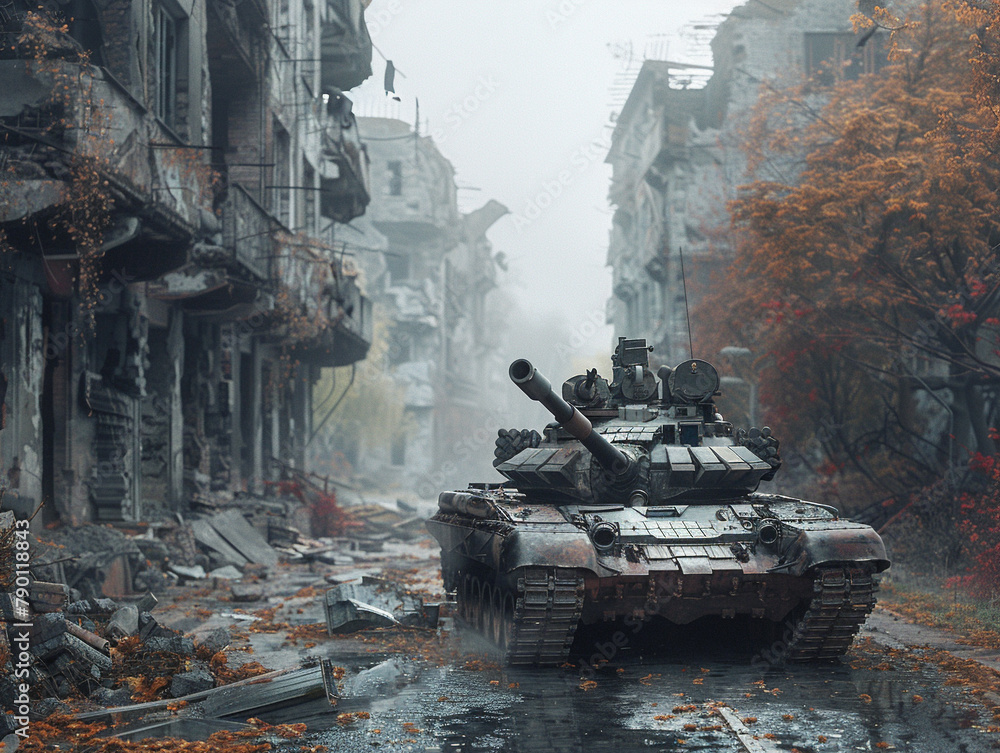 Military armored main battle tank demolished attacking city building ...