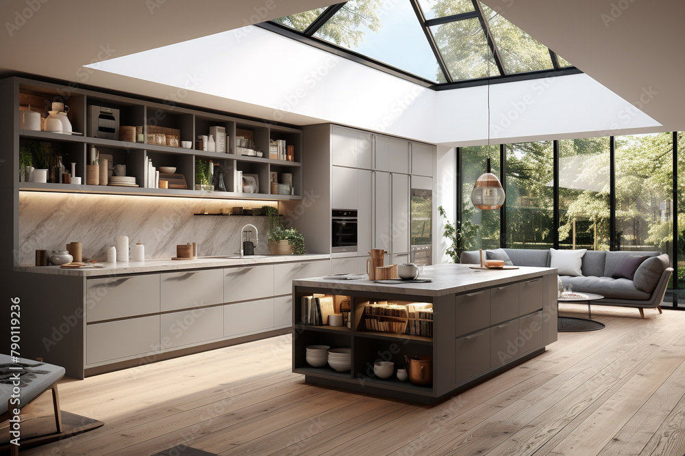 The dynamic space of an open-plan kitchen design, captured in hyper ...