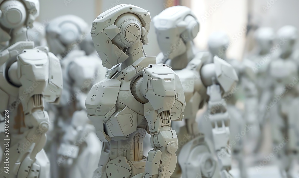 Craft a clay sculpture of rear view autonomous robots in a dynamic pose ...