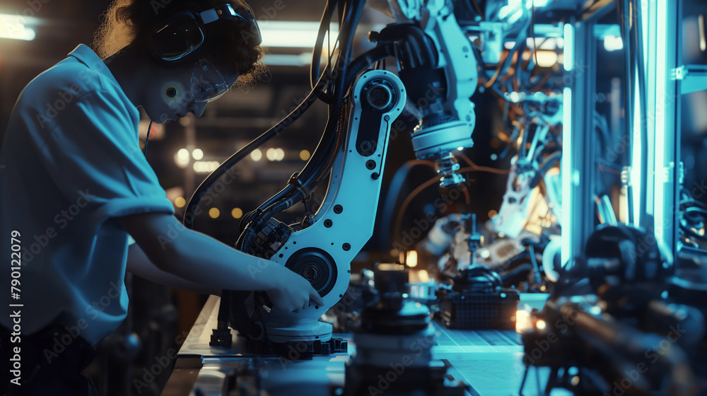 The engineer oversees the assembly of a modular robotic system ...