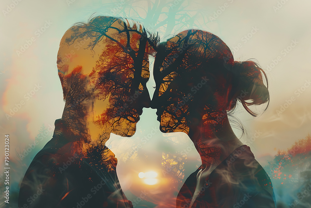Mesmerizing double exposure poster showcasing a passionate couple in ...