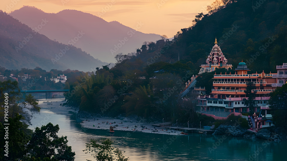 panoramic cityscape of Rishikesh, the yoga capital of the World located ...