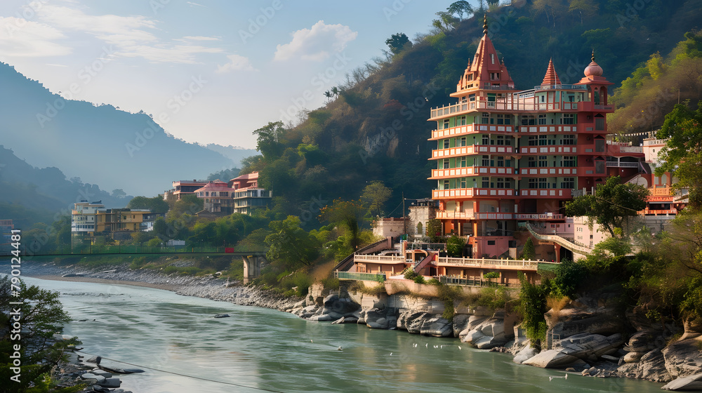 panoramic cityscape of Rishikesh, the yoga capital of the World located ...
