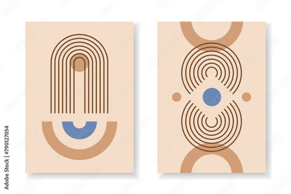 Set of abstract poster with zen geometric line arches and circle shapes ...