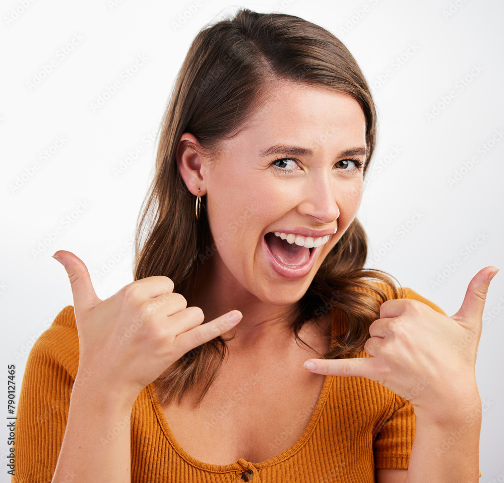 Studio, portrait and woman with shaka sign, smile and excited ...